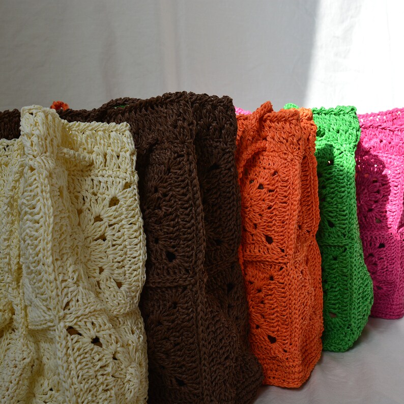 Granny Square Raffia Tote, Summer Straw Beach Bag, Crochet Boho Tote ...