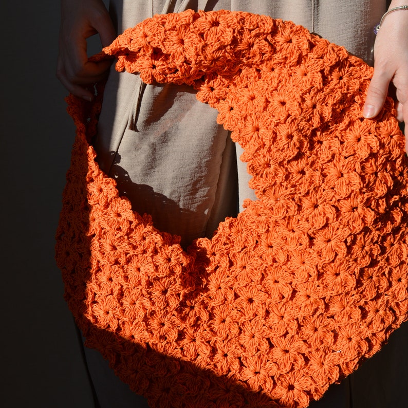 Orange Straw Tote Handbag With Crochet Flower, Floral Motif Raffia Net ...