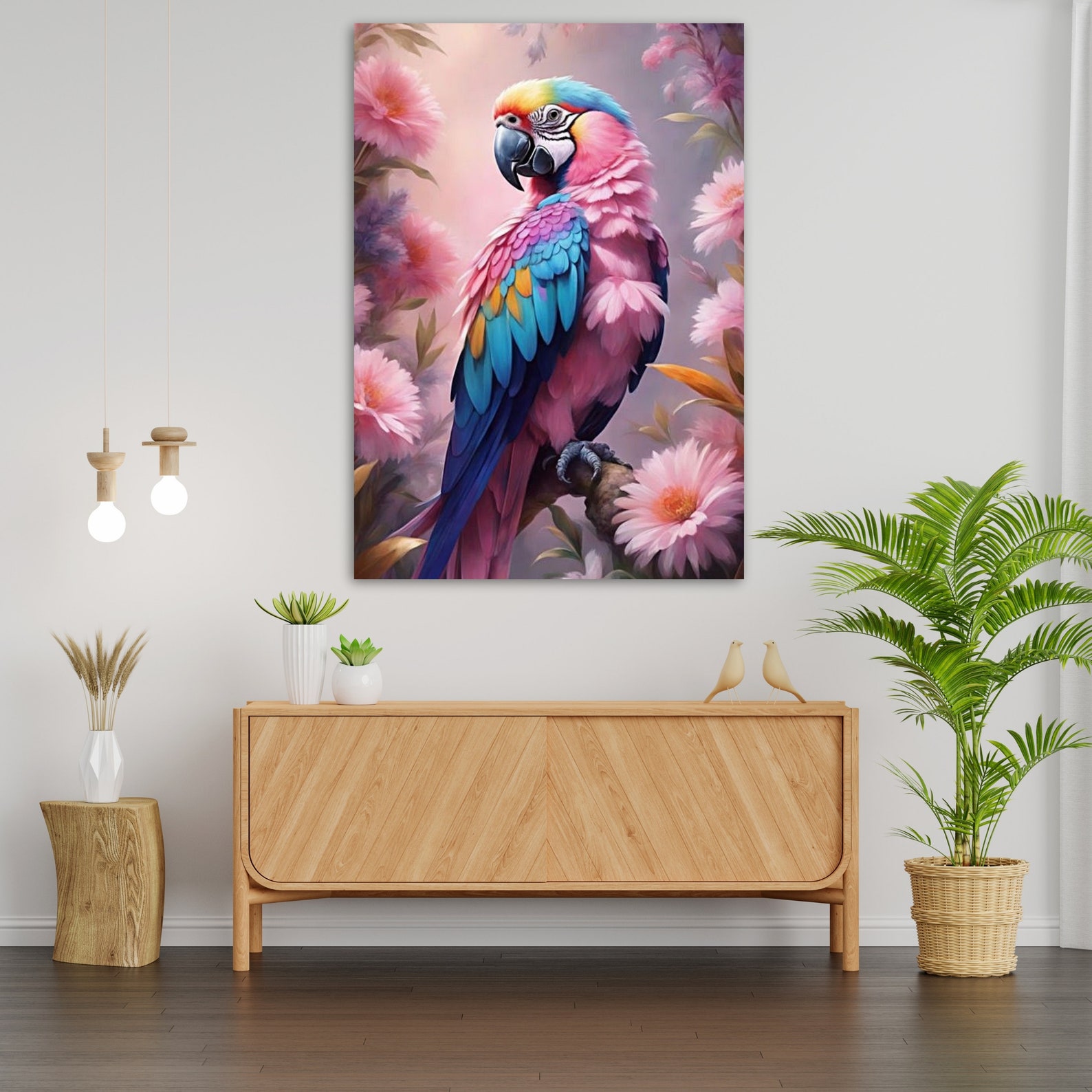 Parrot Wall Art With Flowers Canvas Print, Ready to Hang Tropical Bird ...