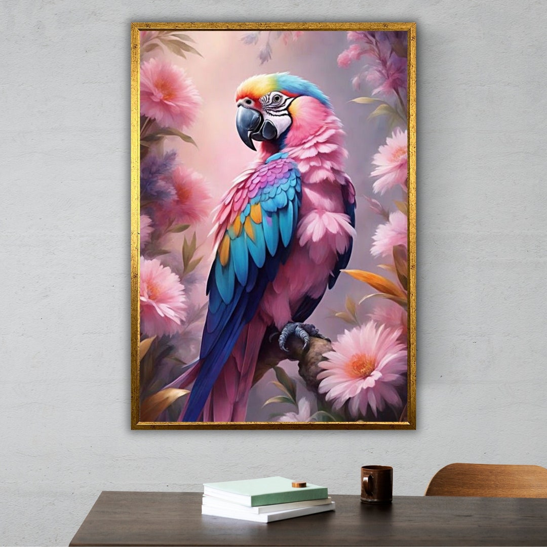 Parrot Wall Art With Flowers Canvas Print, Ready to Hang Tropical Bird ...