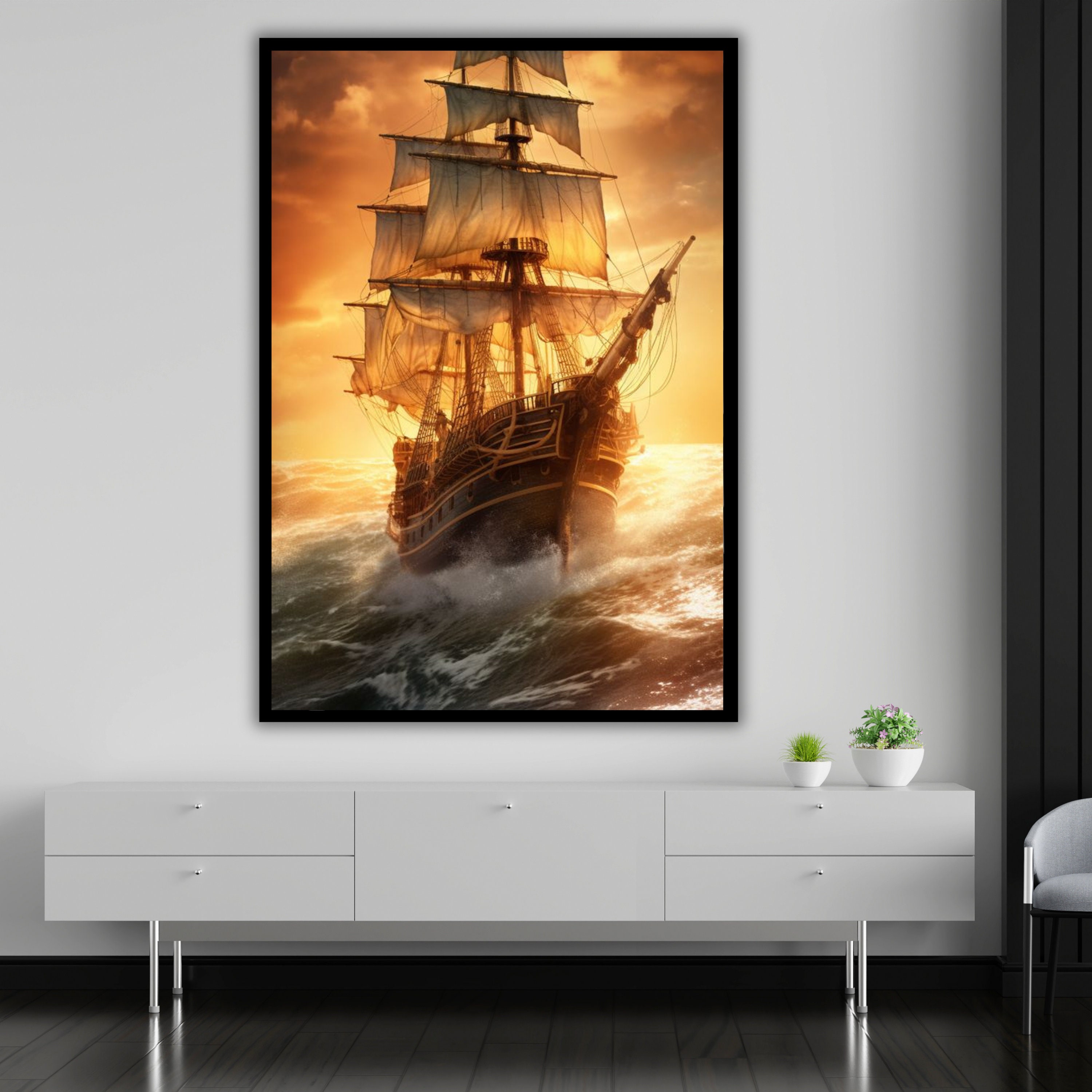 Coastal Ship Large Canvas Wall Art, Ready to Hang, Nautical Beach House ...