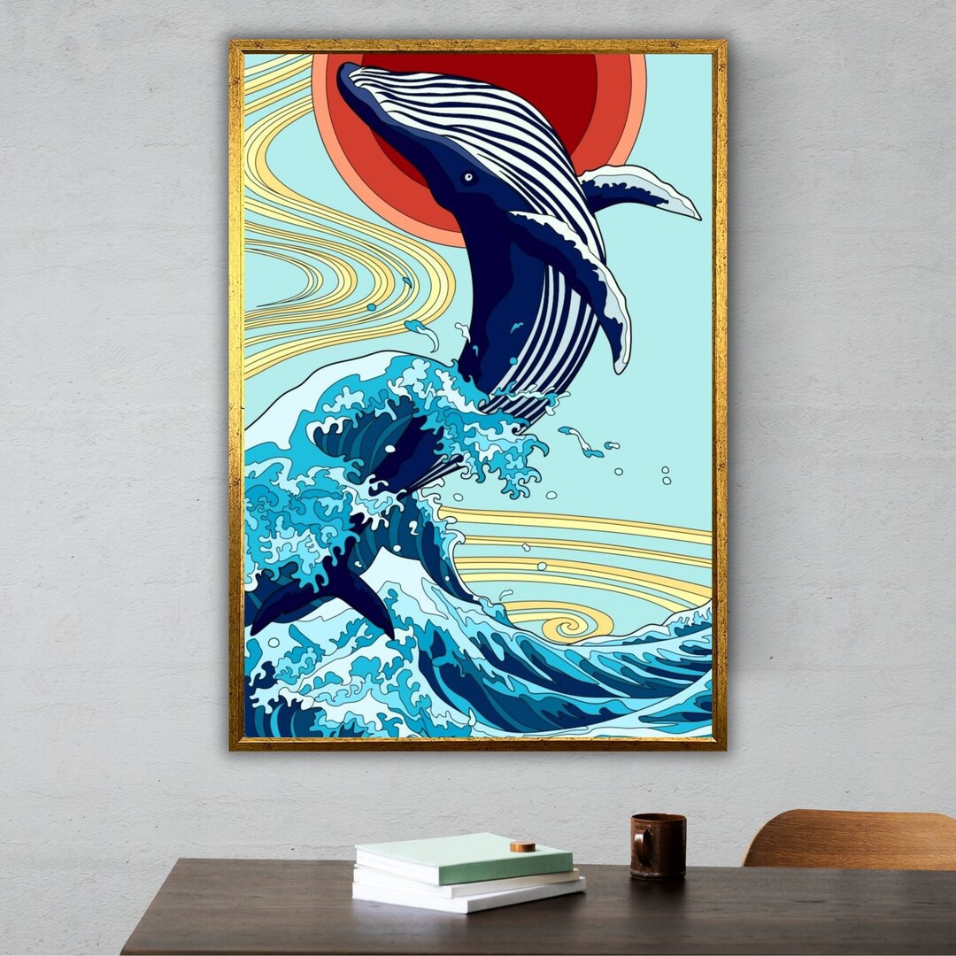 Japanese Wall Decor the Great Wave off Kanagawa With Whale, Kanagawa ...