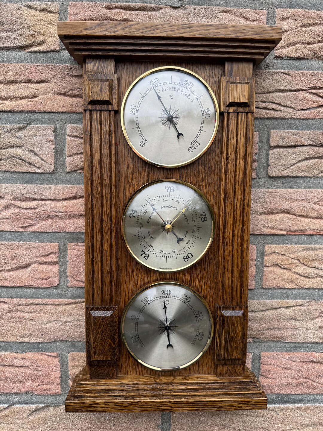 Vintage Weather Station in Solid Oak With Barometer, Thermometer and ...