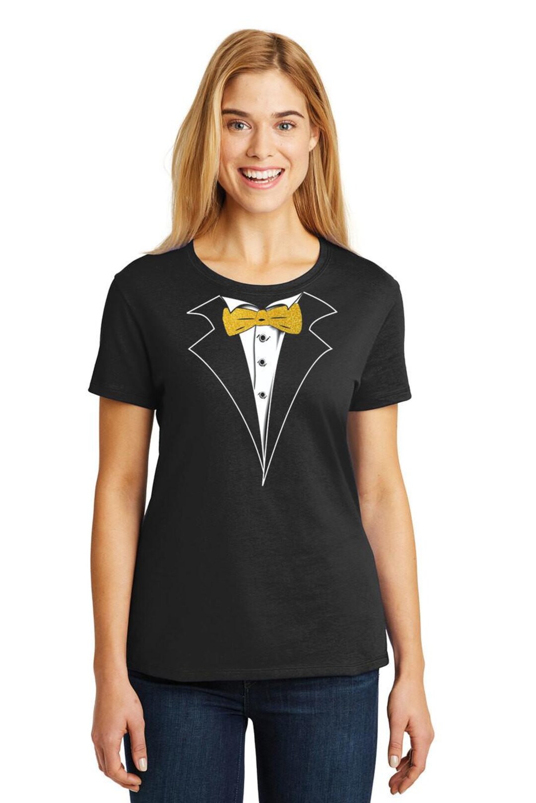 Oscar Party Ladies Tuxedo T-shirt on Black With a Gold Sparkle Tie - Etsy