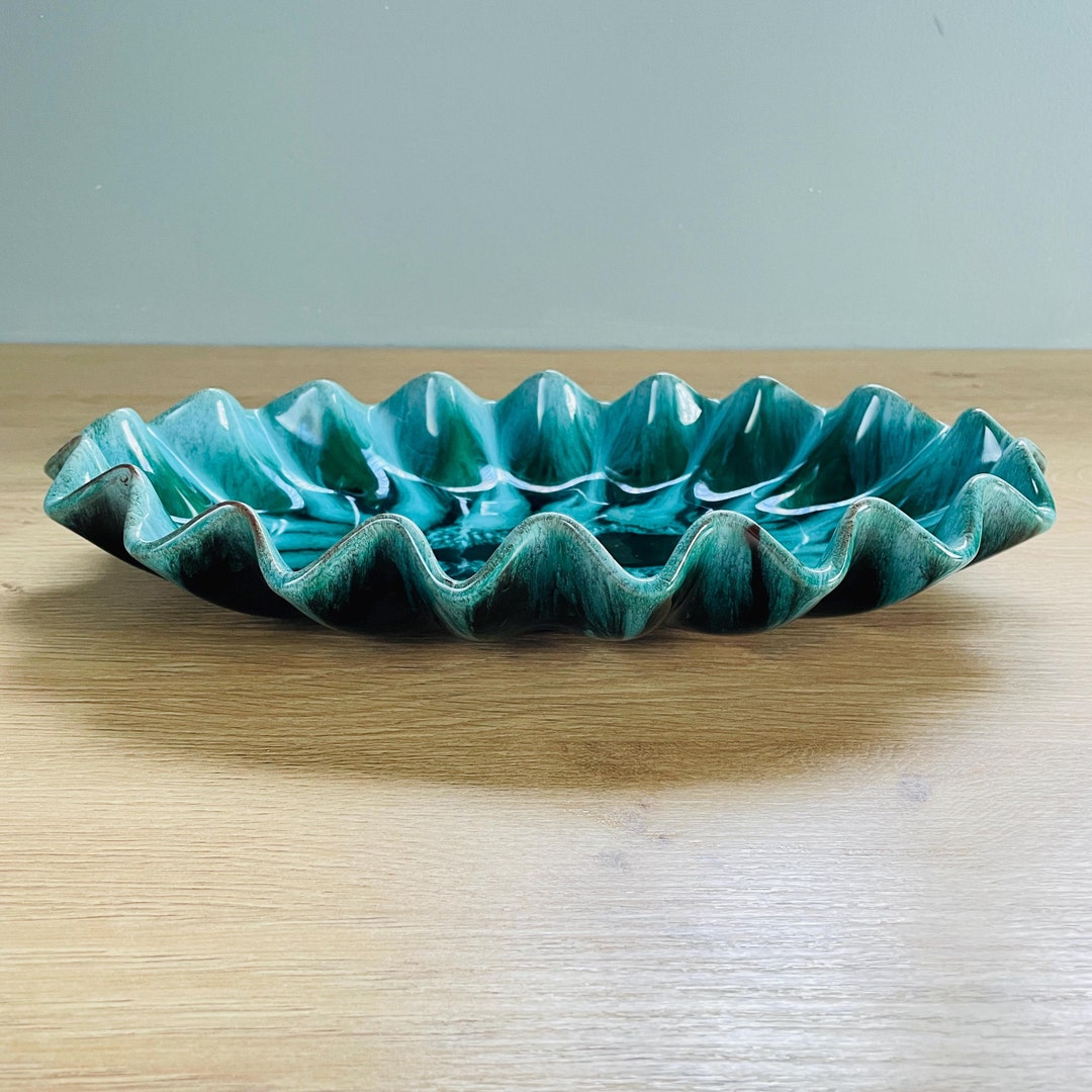 Blue Mountain Pottery Fluted Oval Bowl – Teal Drip Glaze Mid Century ...