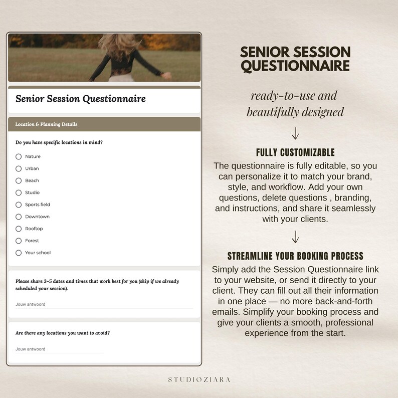 Digital Senior Session Questionnaire Template Editable Google Form Pre ...