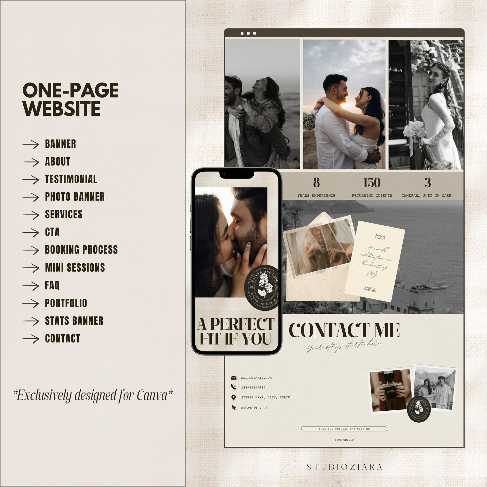 Neutral-toned Photography One-page Website Template Customizable Canva ...