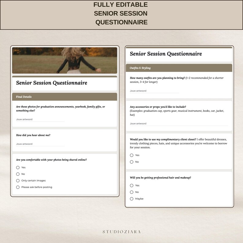 Digital Senior Session Questionnaire Template Editable Google Form Pre ...