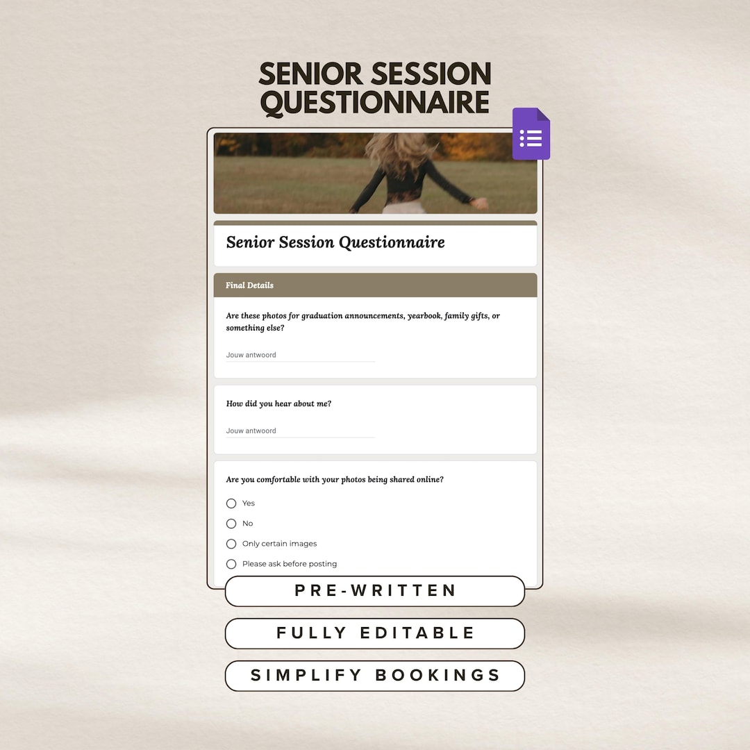 Digital Senior Session Questionnaire Template Editable Google Form Pre ...