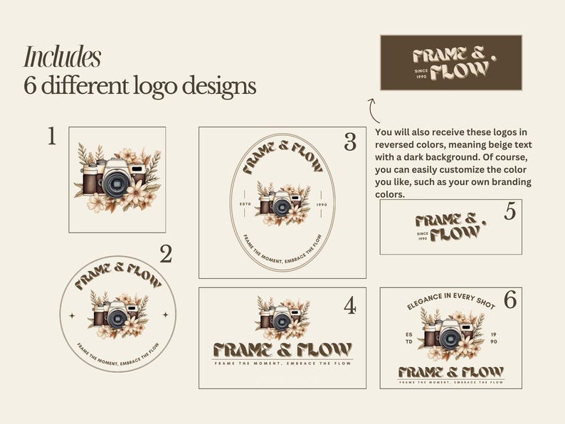 Floral Camera Logo Photography Branding Kit Feminine Photography Logo ...