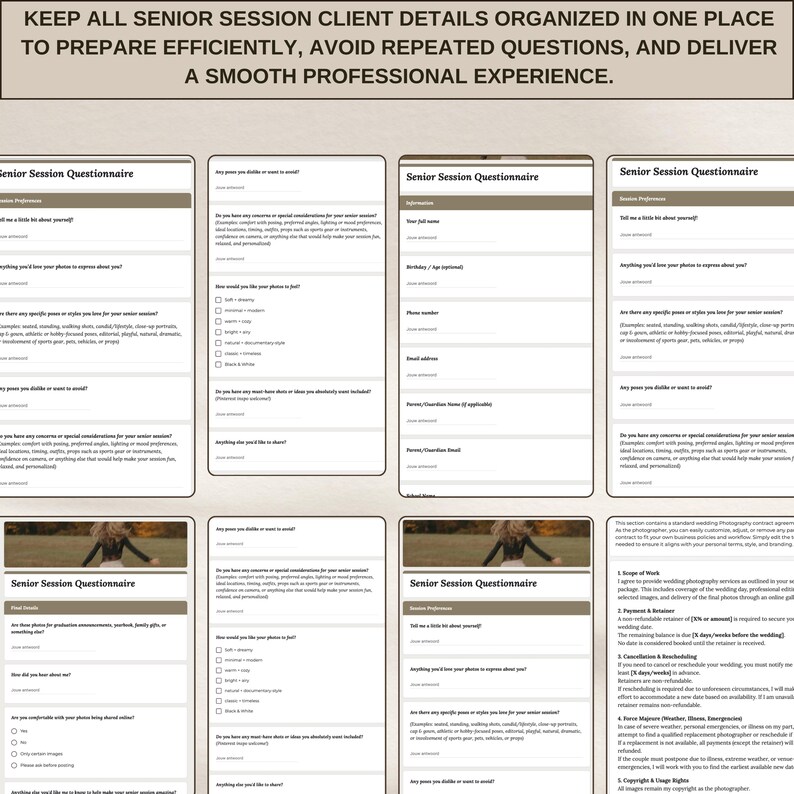 Digital Senior Session Questionnaire Template Editable Google Form Pre ...