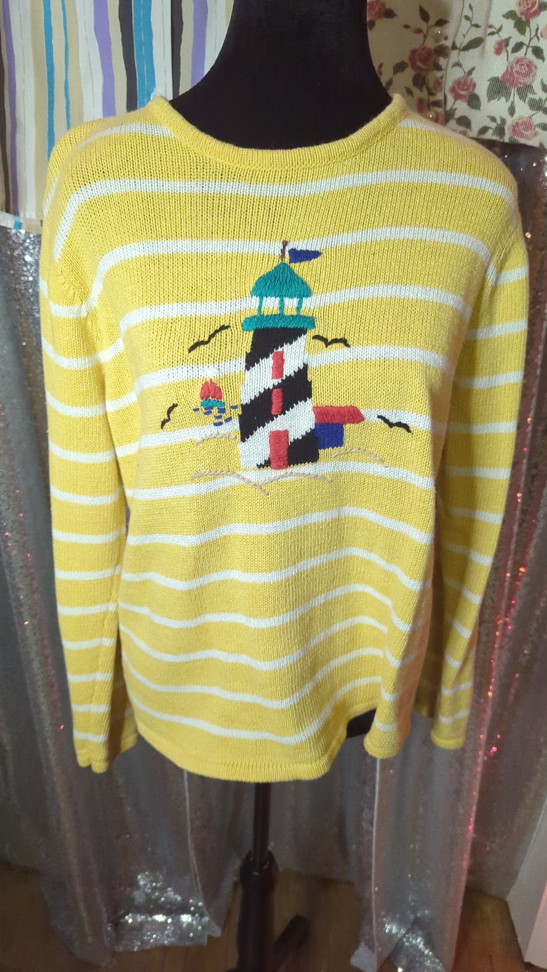 Vintage Embroidered Lighthouse Yellow Stripes Sweater 90s - Etsy