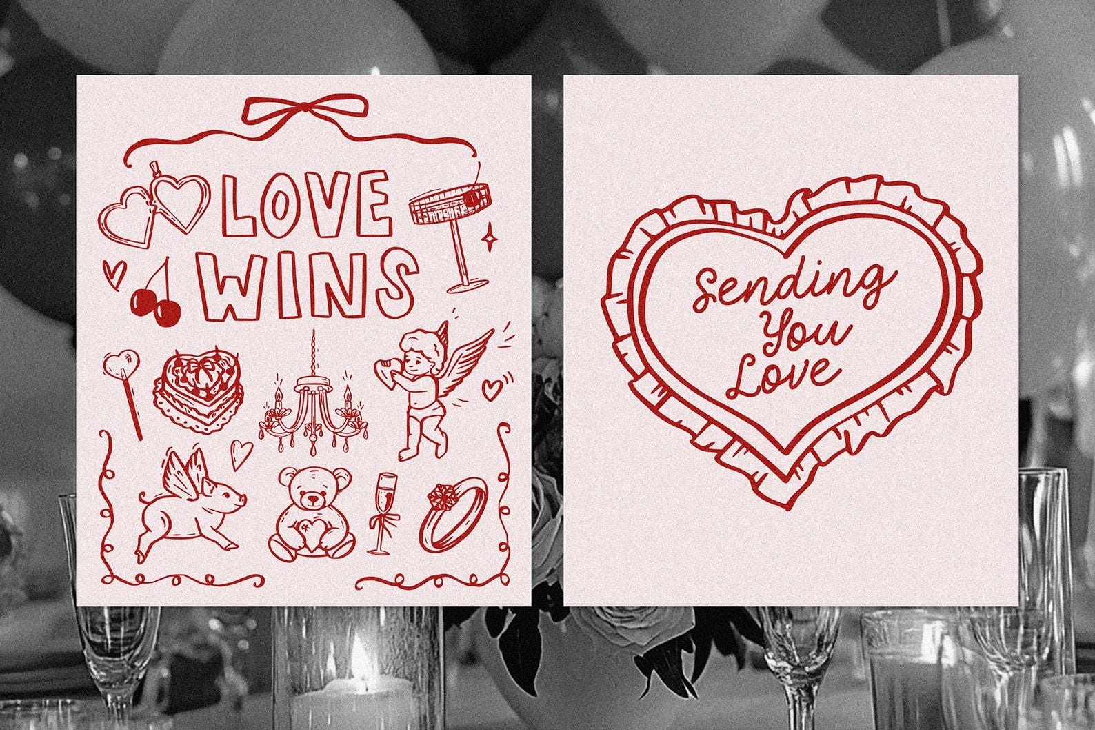 Valentines Day SVG Line Art, Whimsical Wedding Clipart Bundle, Hand ...