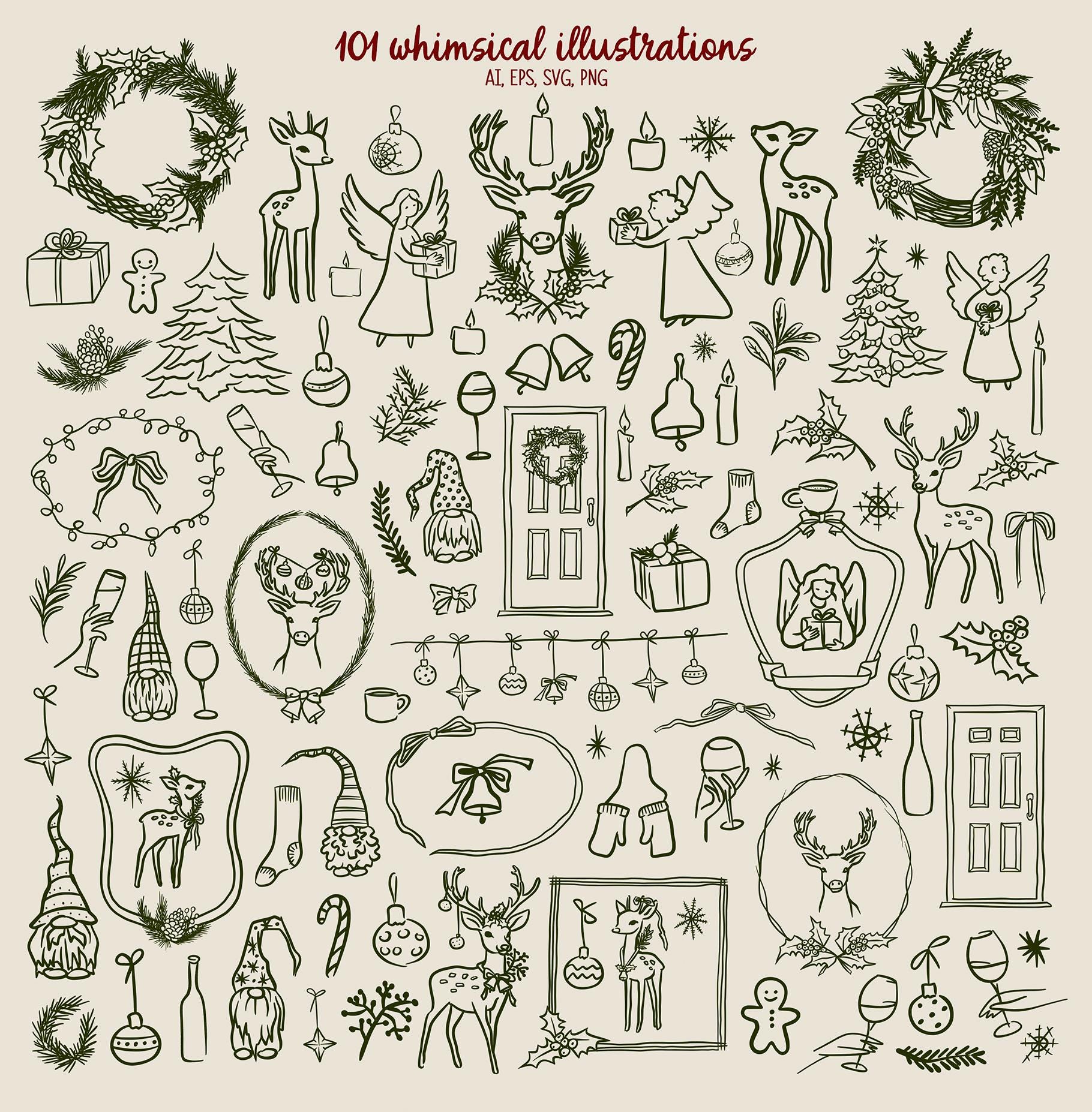 Whimsical Line Art Christmas Clipart. Christmas SVG Bundle Clipart for ...