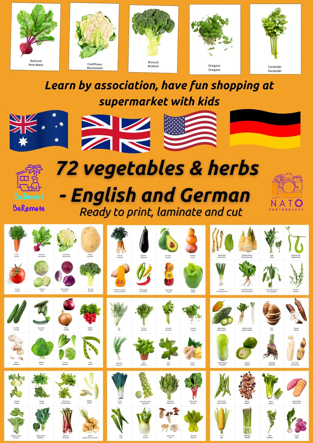 72 Printable Vegetables and Herbs Flashcards Bundle Aimed for Learning ...