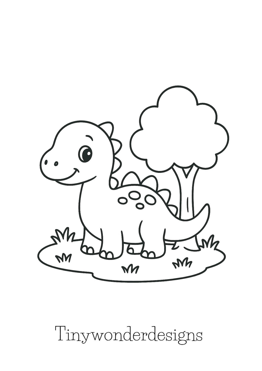 Dinosaur in a Meadow With a Tree Coloring Page PDF | Dinosaur Coloring ...