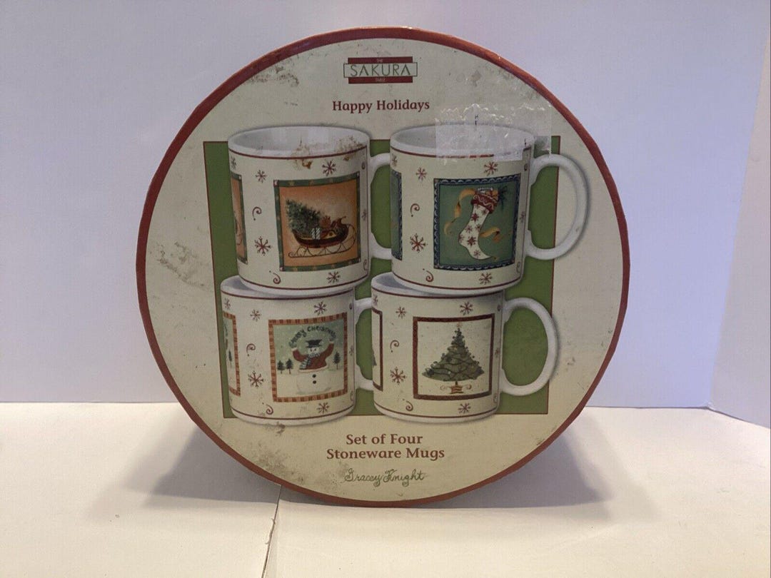 The Sakura Table Happy Holidays Set of 4 Stoneware Mugs Gracey Knight ...