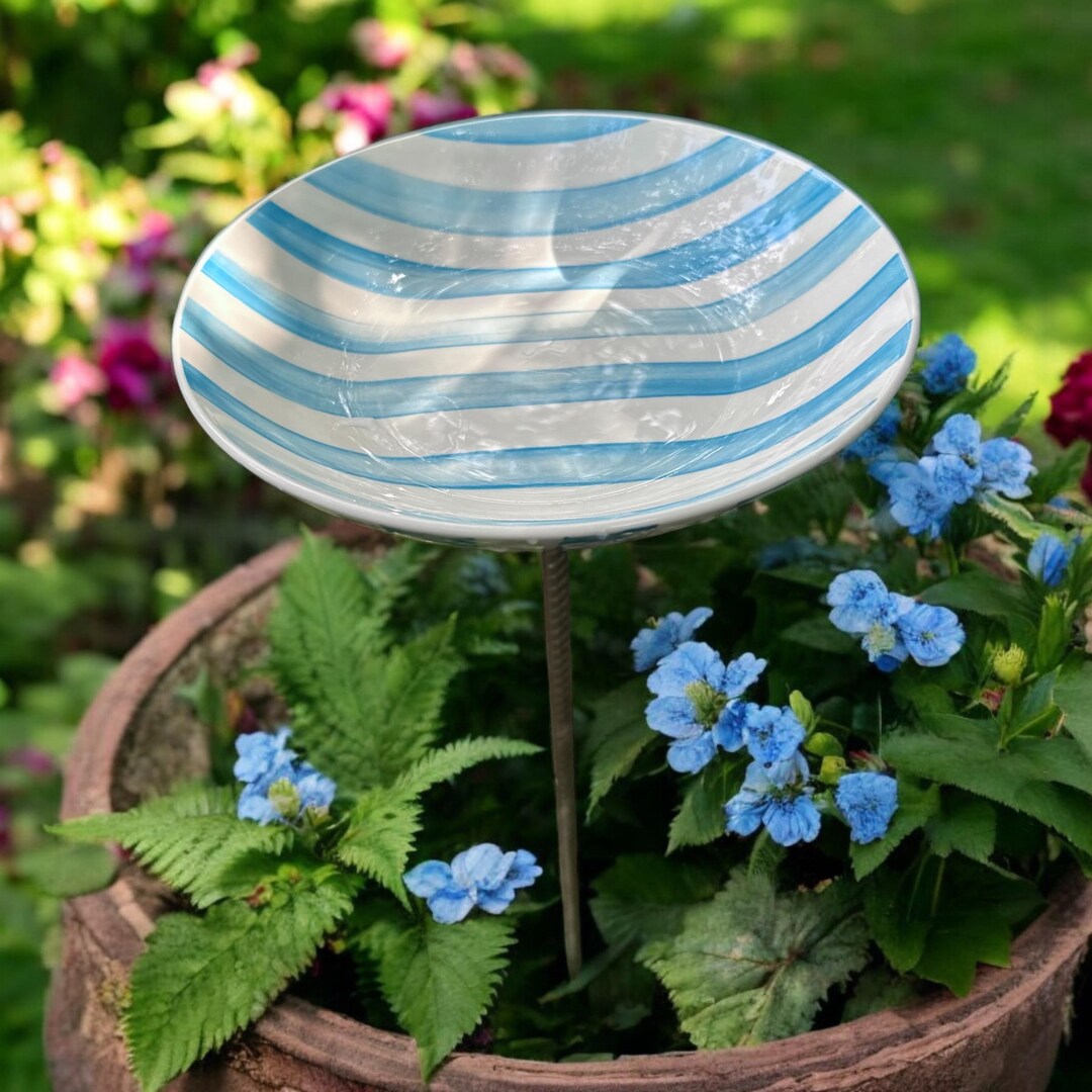 Small Bird Bath With Baby Blue Stripes, Ideal Size for Container ...