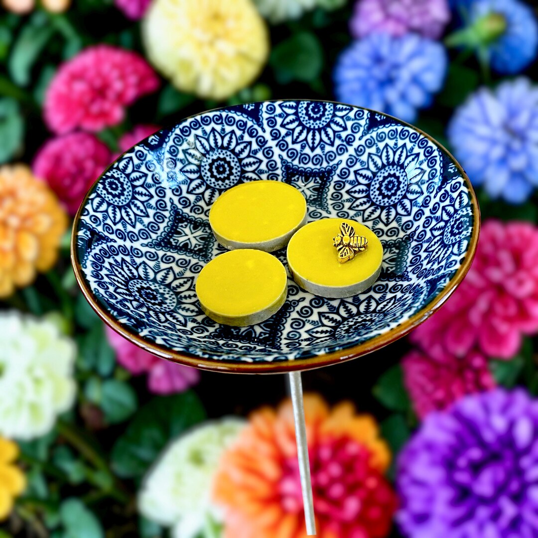 Ceramic Bee Watering Station, Medallion Design in Dark Blue, 13” Rod ...