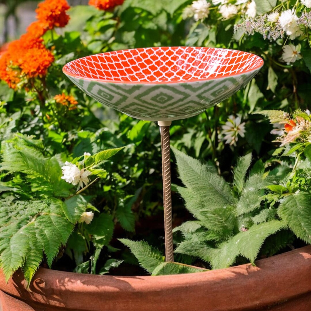 Small Ceramic Bird Bath Deep Orange and White Geometric With Olive and ...
