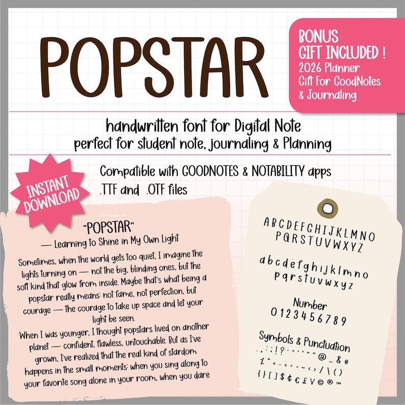 Pop Star Handwritten Font for Goodnotes & Journaling | Modern Script ...