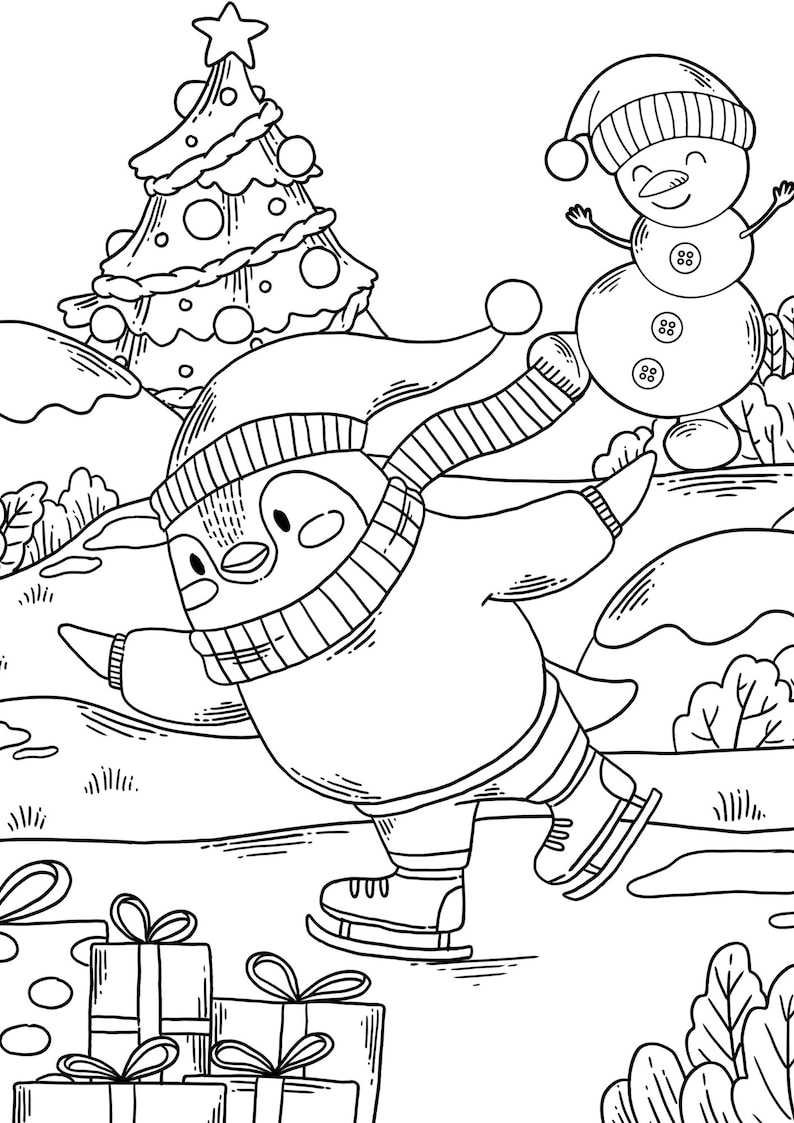Adorable Winter Penguin Coloring Page - Etsy