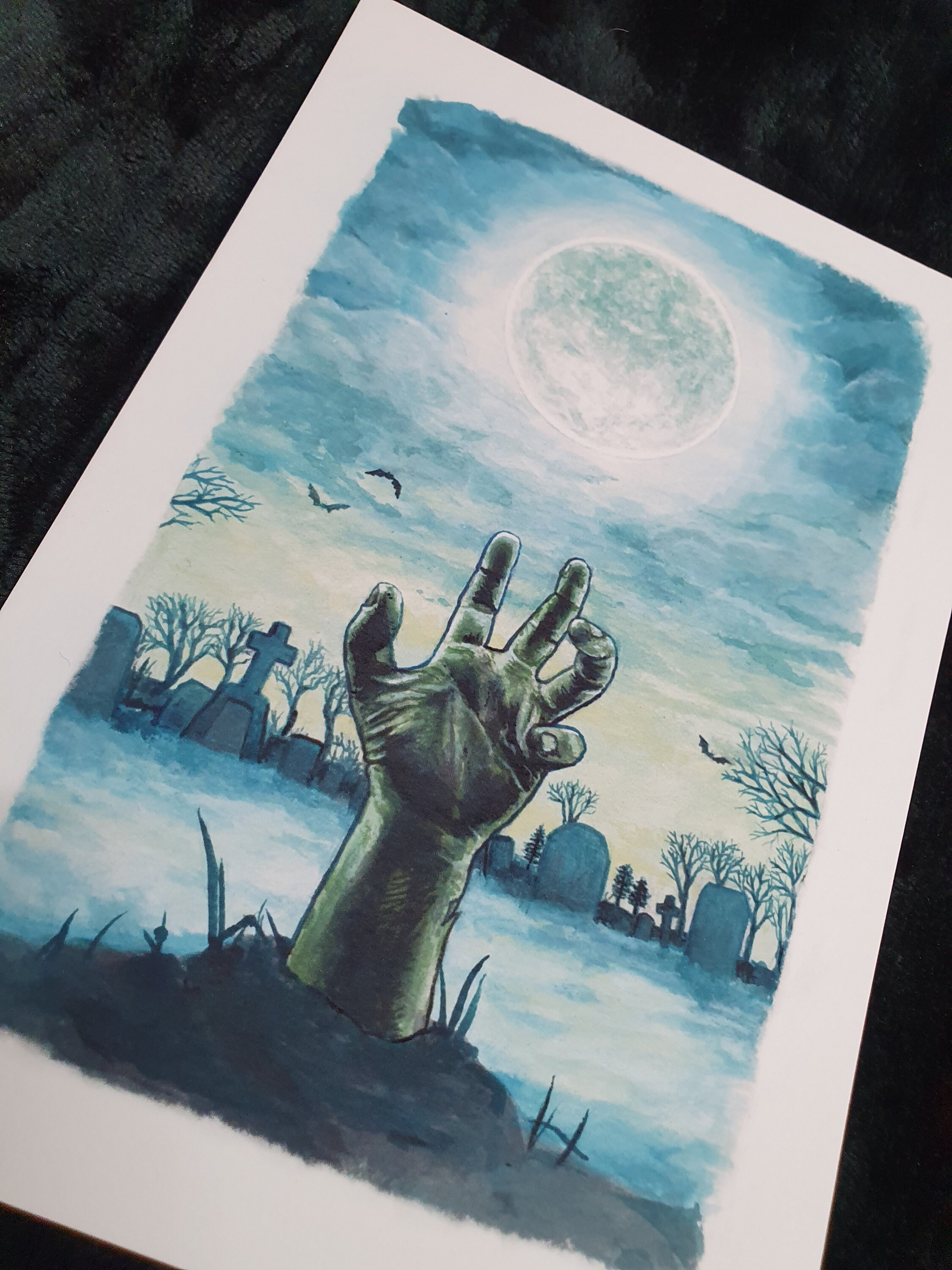 Zombie Hand, Spooky Cemetery Painting. A5 Giclée Art Print. Horror ...