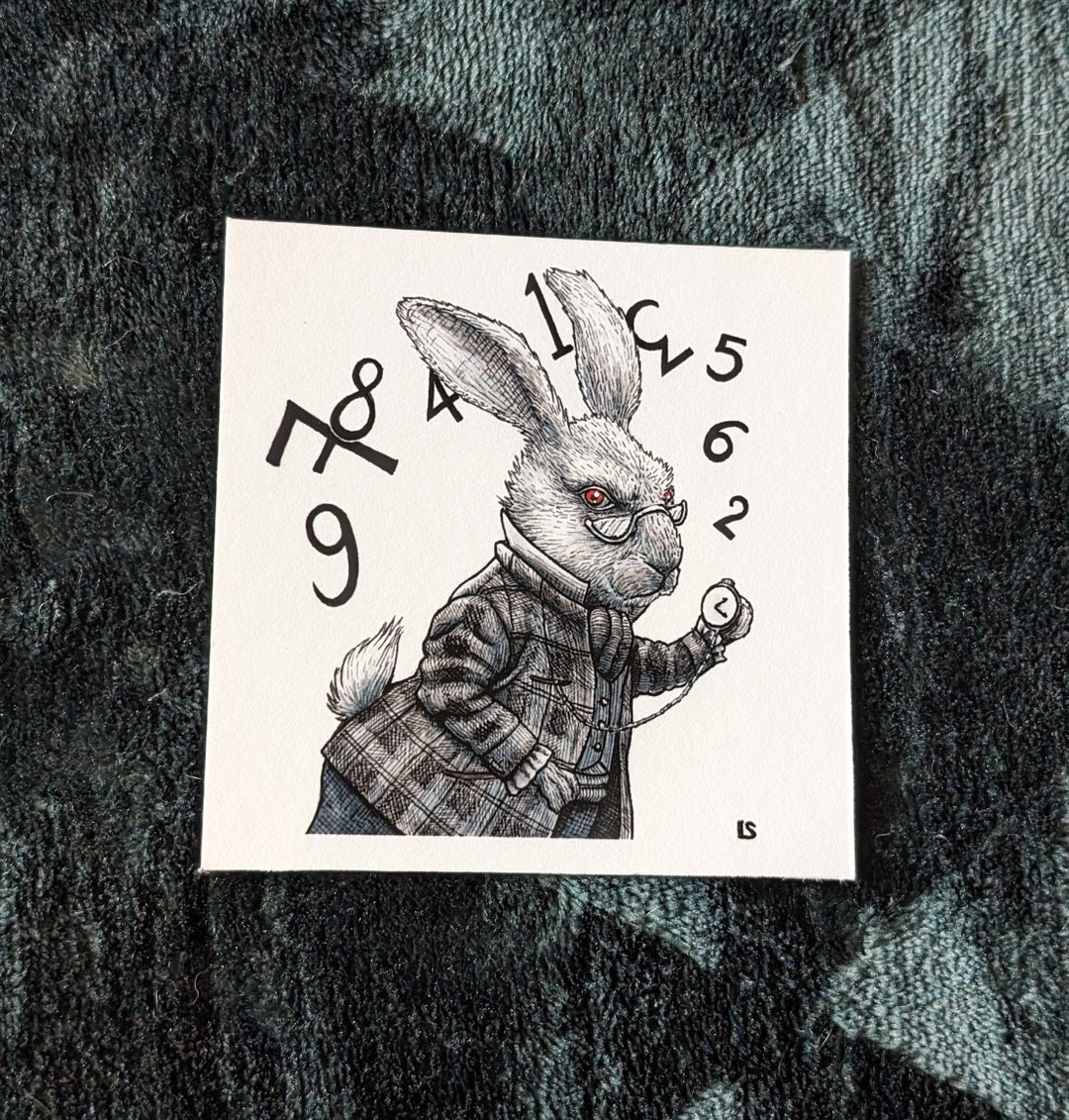 White Rabbit Mini Art Print. Pocket Watch, Artwork, Cute, Fineliner ...