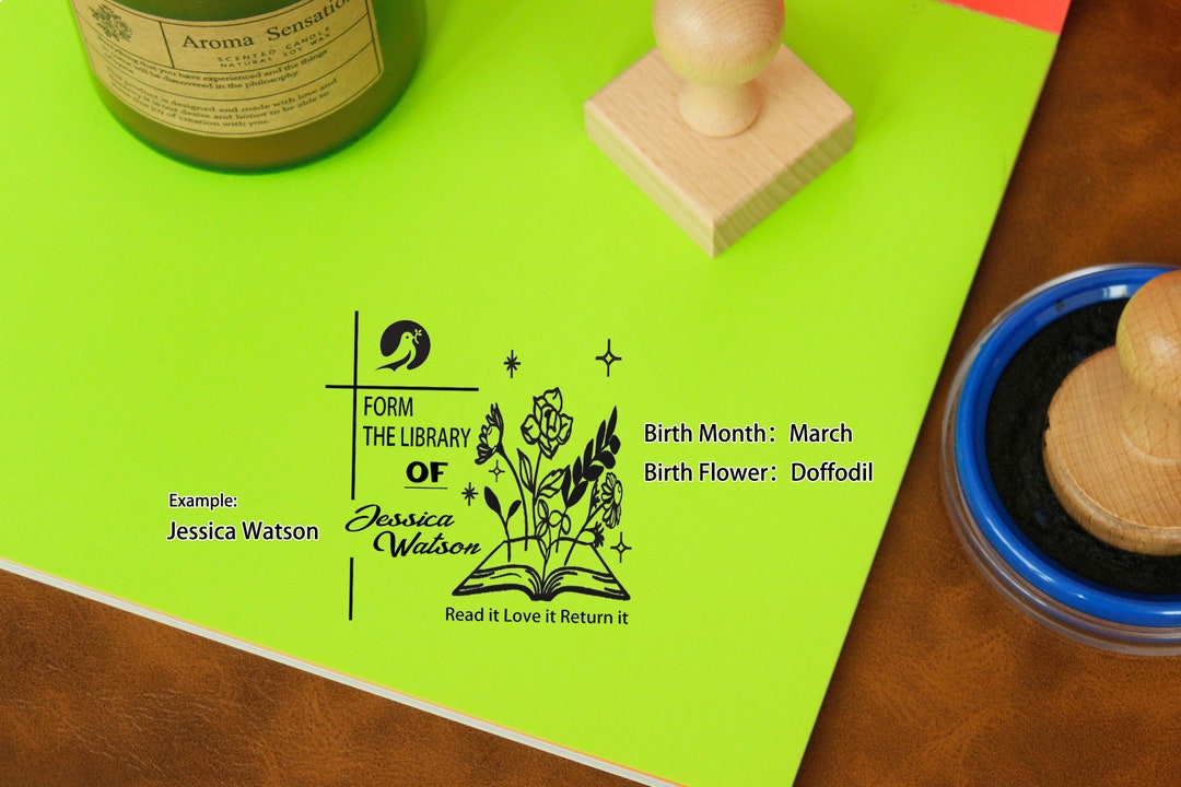 Personalized Birth Flowers Square Stamp Book Embosser From the Library ...