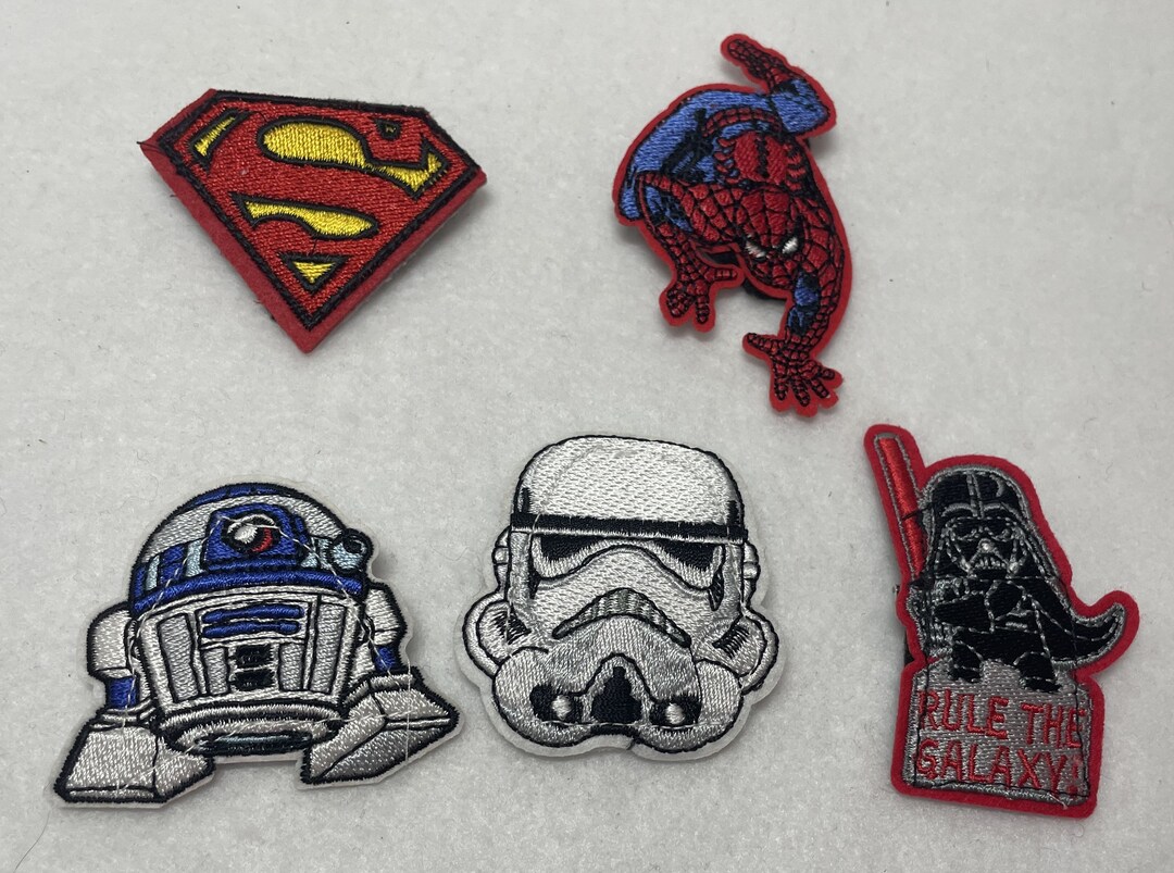 Star Wars and Super Hero Patch Pins R2-D2, Storm Trooper, Darth Vader, Spiderman, and Superman ...