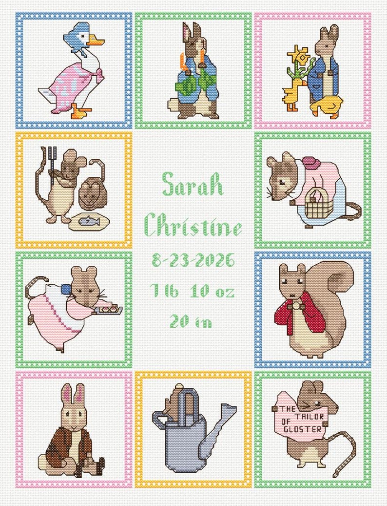 Beatrix Potter Birth Record: Quilt Style Cross Stitch Pattern (digital ...