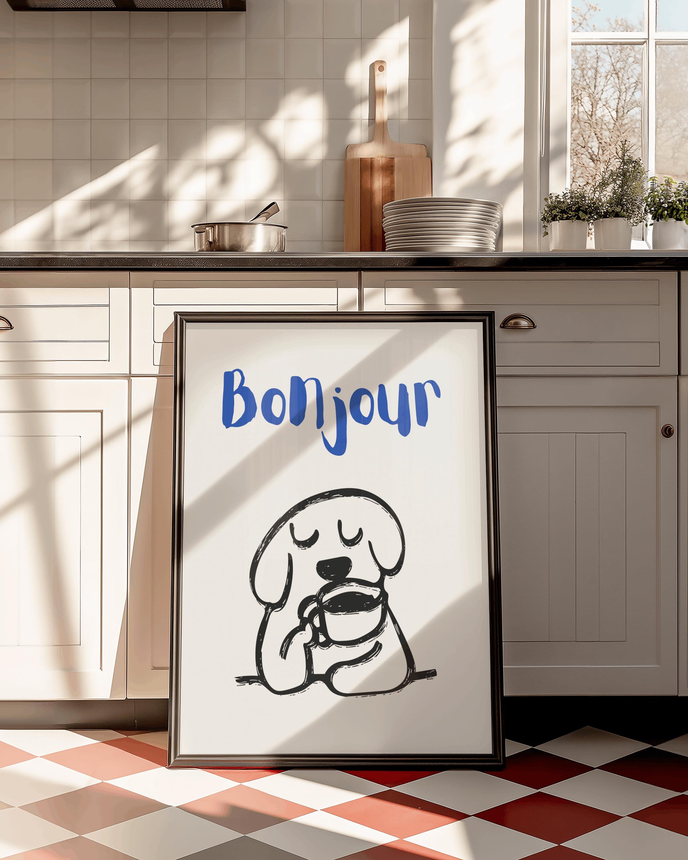 Dog Coffee Club Print | Cute French Coffee Wall Art | Cute Bonjour Dog ...