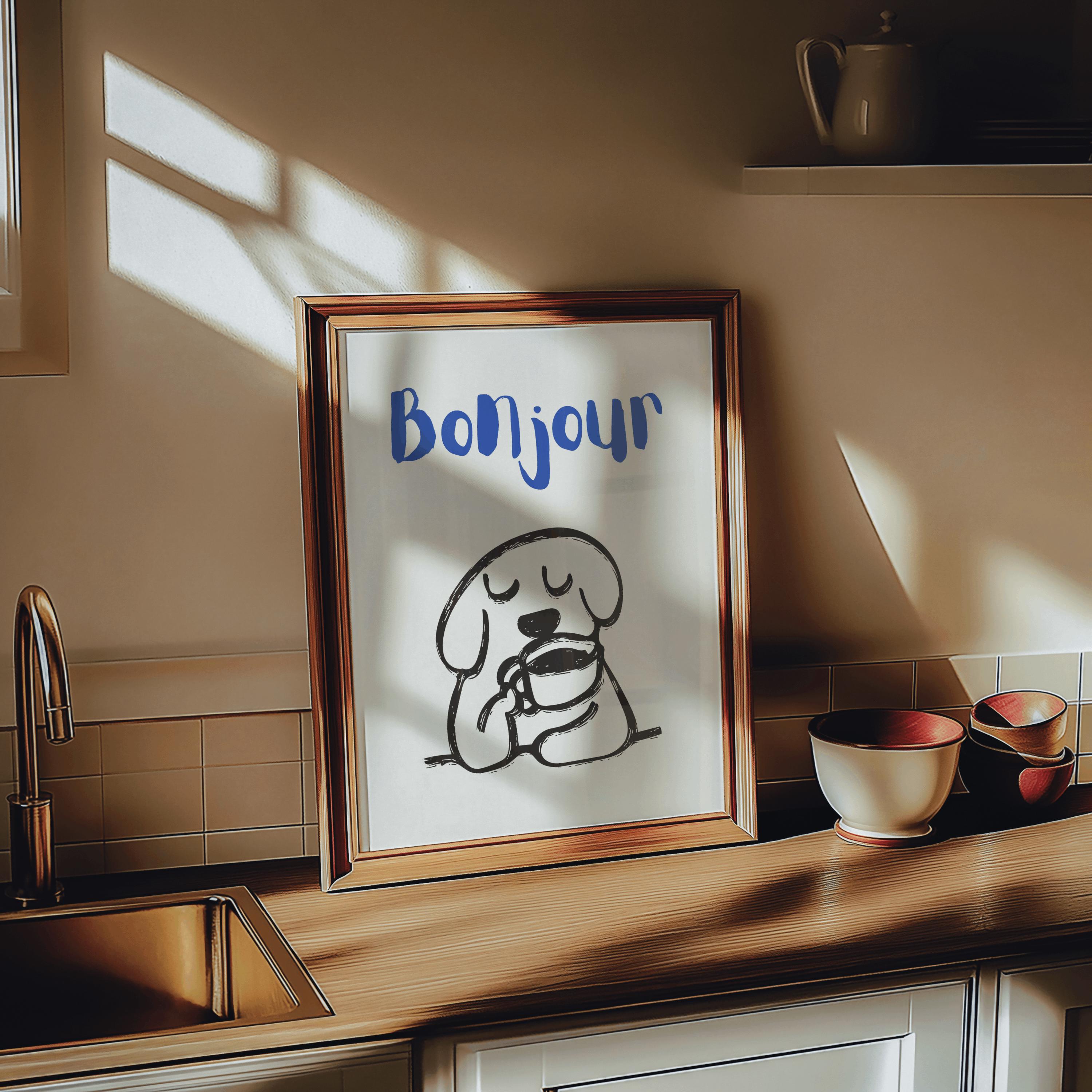 Dog Coffee Club Print | Cute French Coffee Wall Art | Cute Bonjour Dog ...