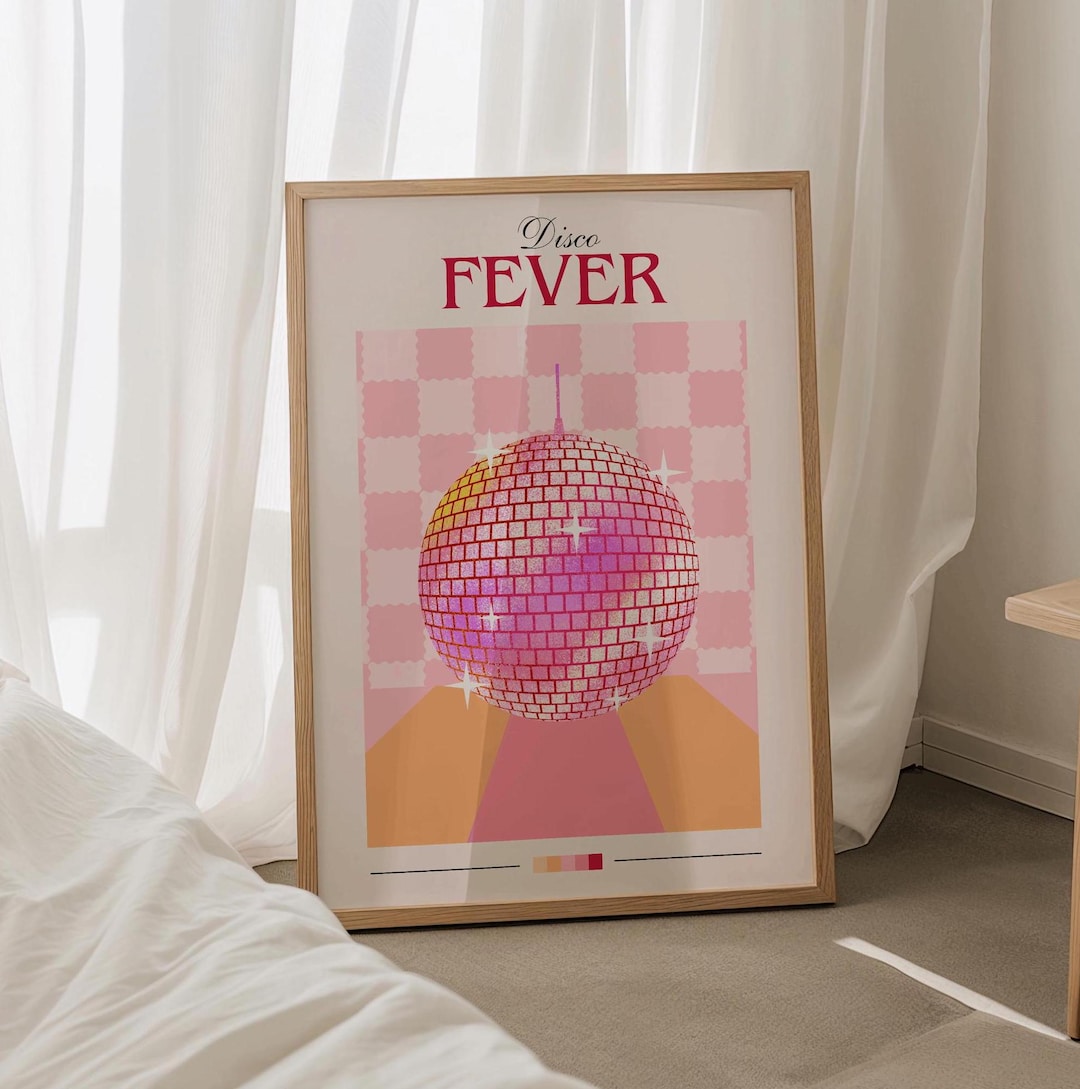Retro Disco Ball Decor, Disco Fever Print With Checkerboard Pattern ...