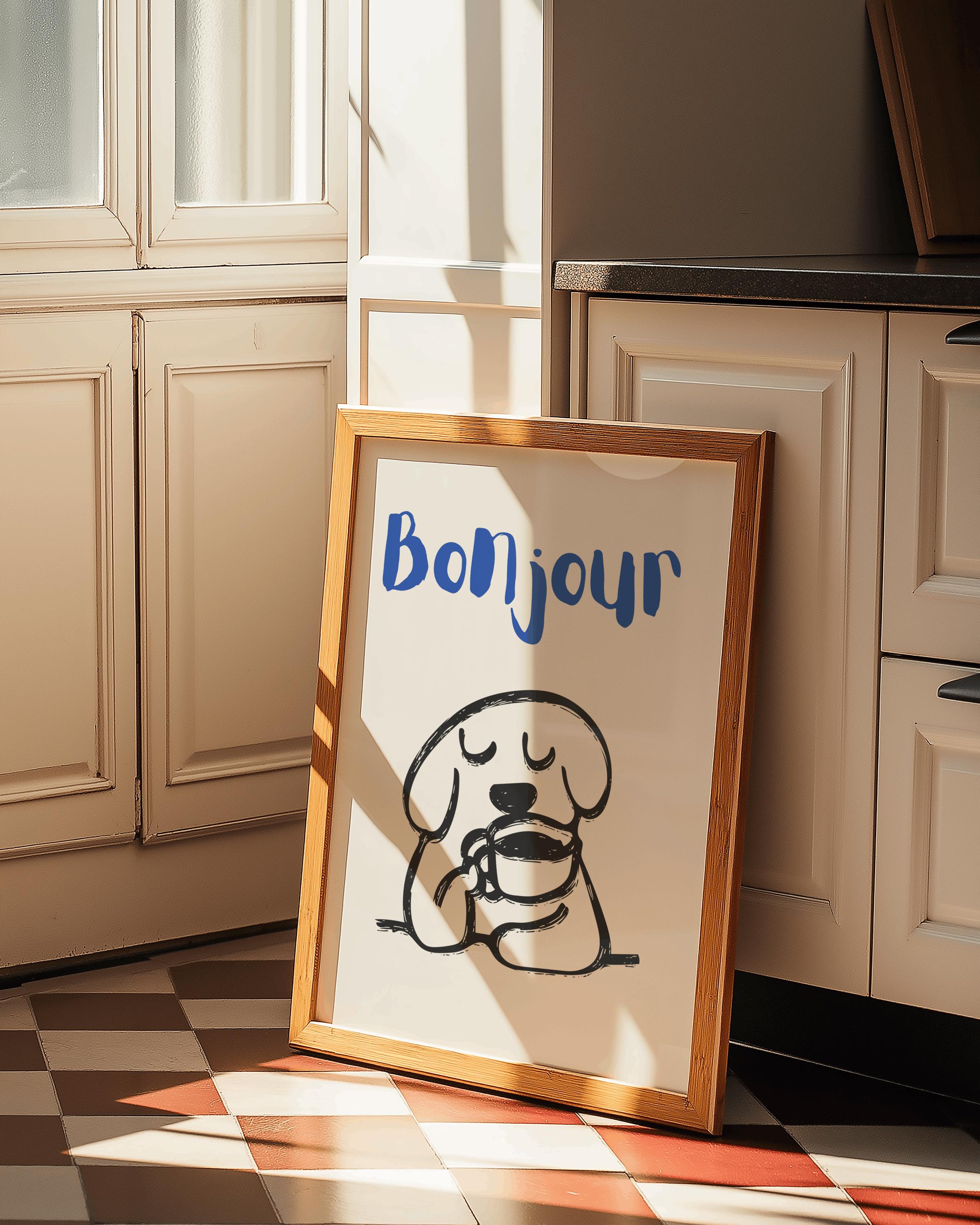 Dog Coffee Club Print | Cute French Coffee Wall Art | Cute Bonjour Dog ...