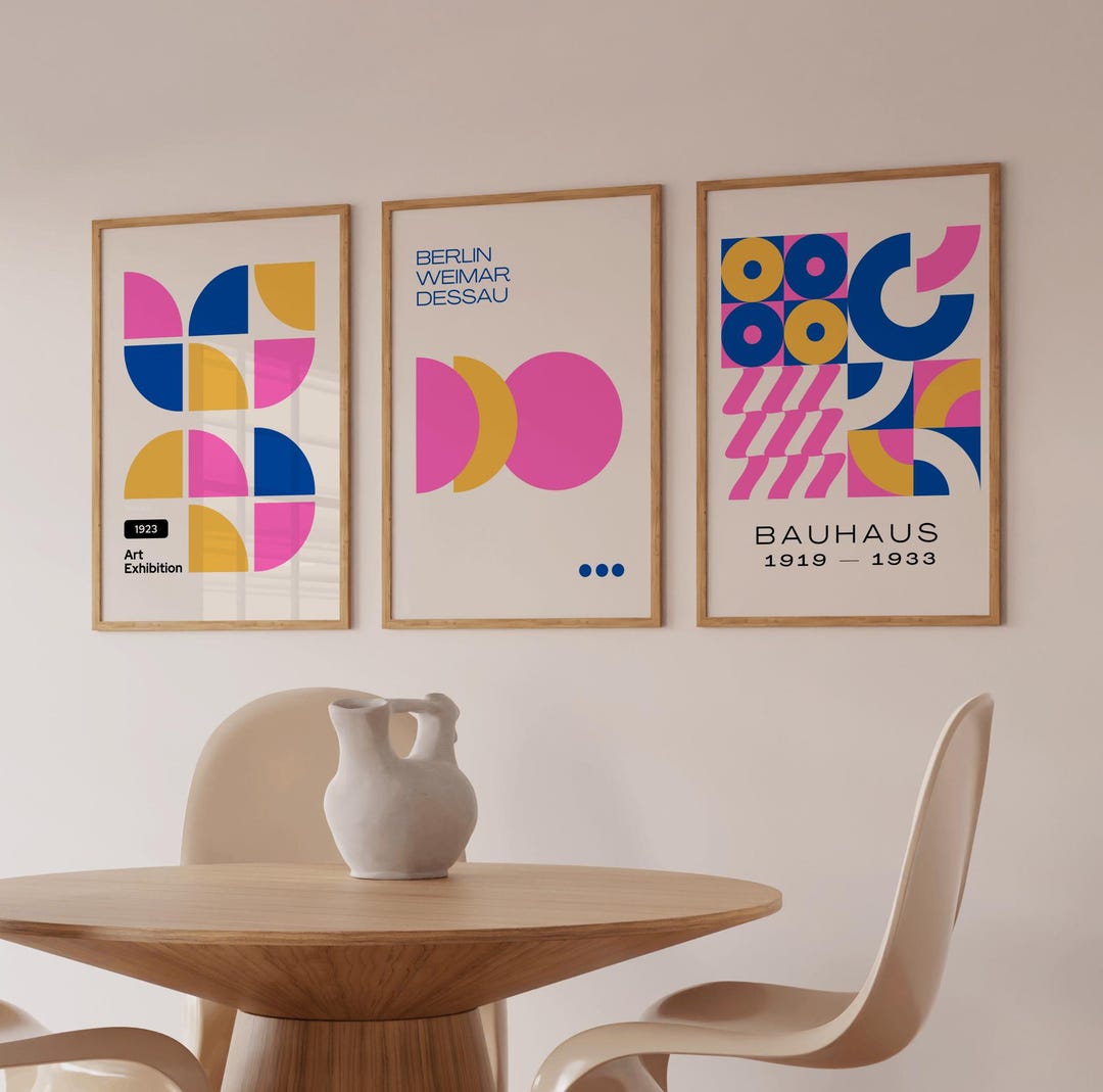 Set of Three Bauhaus Posters, Trendy MCM Wall Art, Pink Triptych for ...