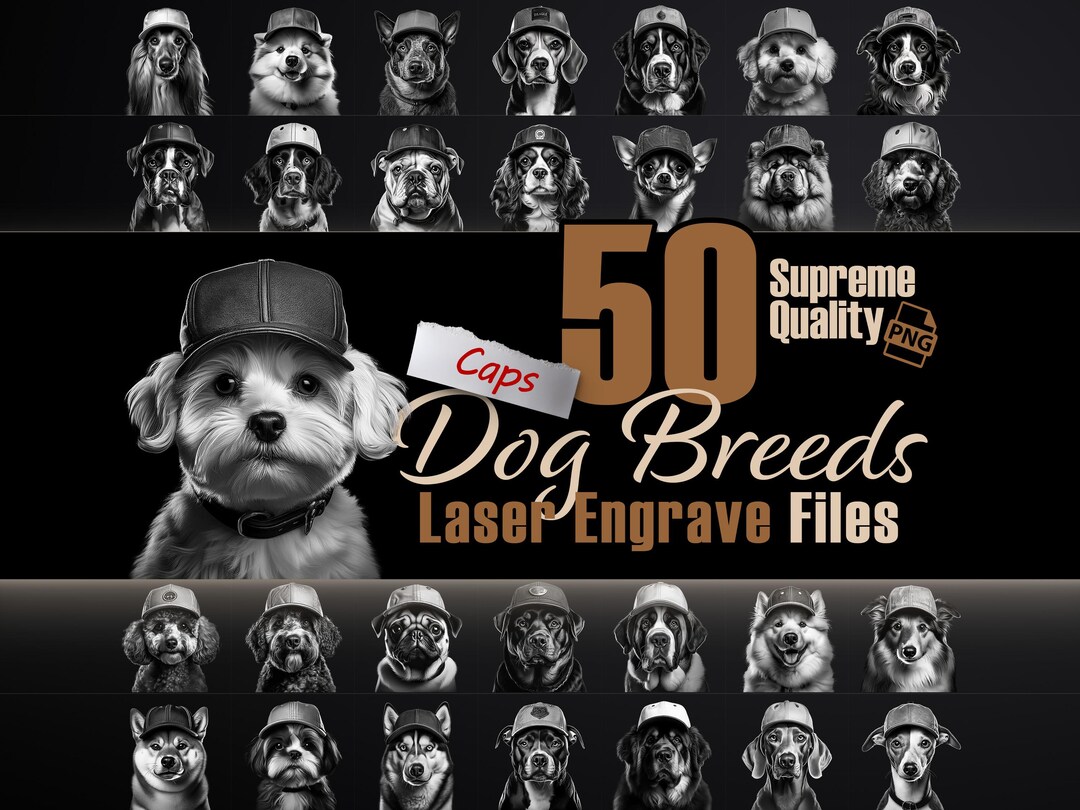 50 Dog Breeds Wearing Caps: Laser Engraving PNG Bundle - Etsy