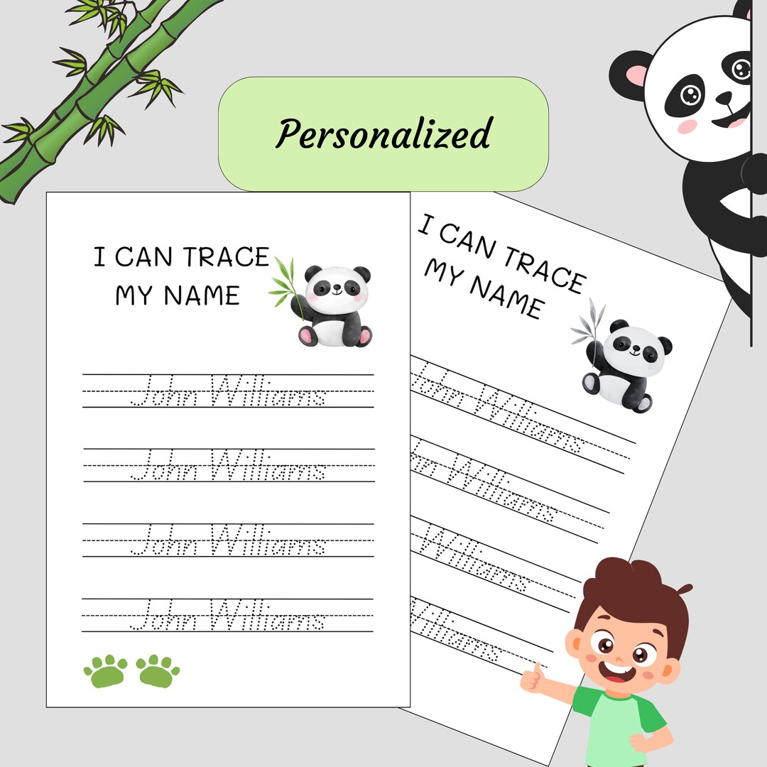 Custom Kids Name Tracing Printable Cursive Handwriting Practice Panda ...