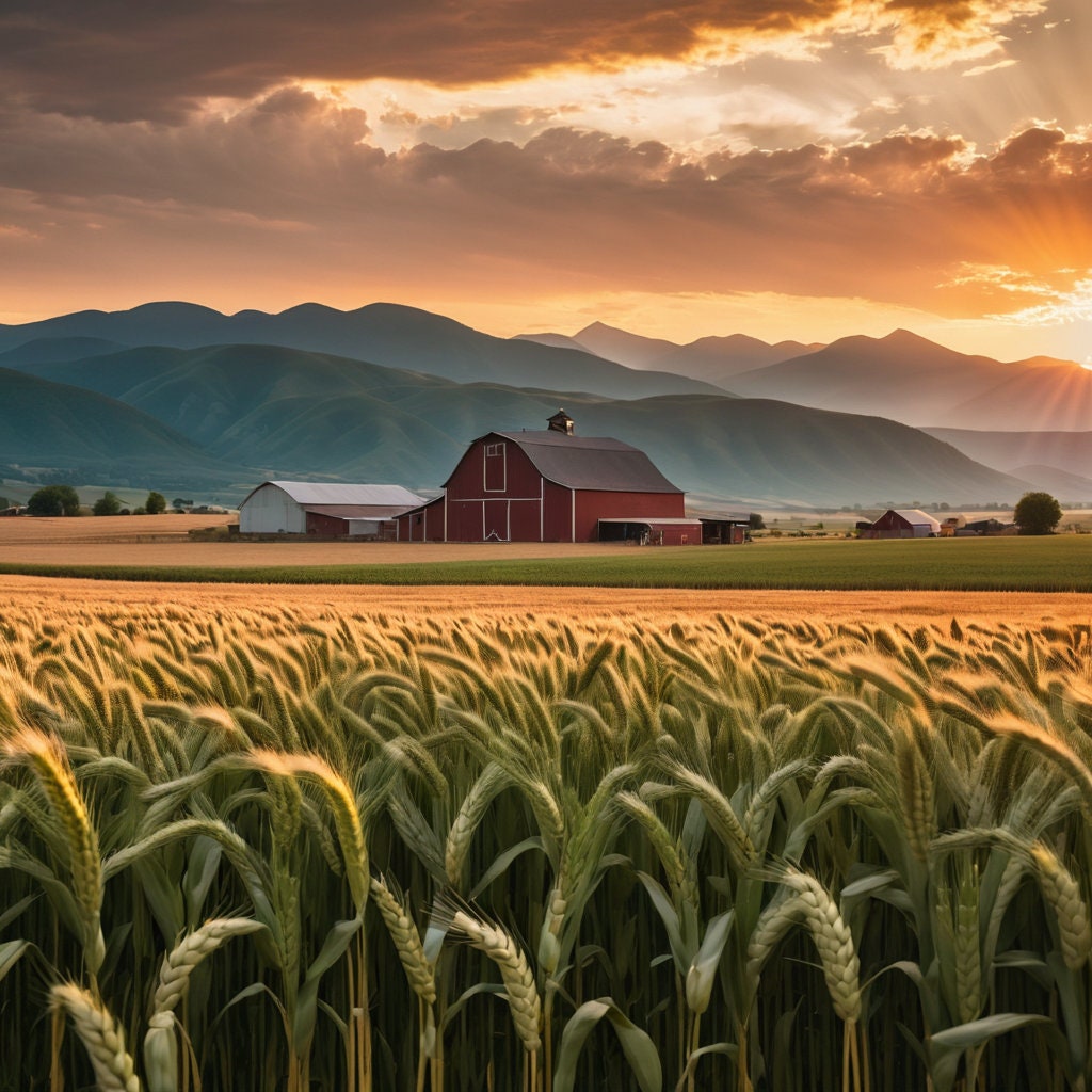 Peaceful Farm, Wheat Field, Mountains and Beautiful Sunset AI Digital ...