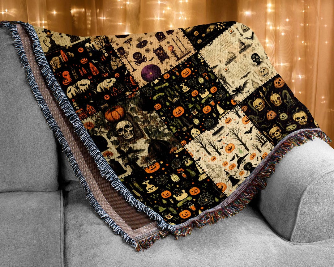 Retro Patchwork Halloween Woven Throw Blanket, Spooky Ghost Pumpkin ...