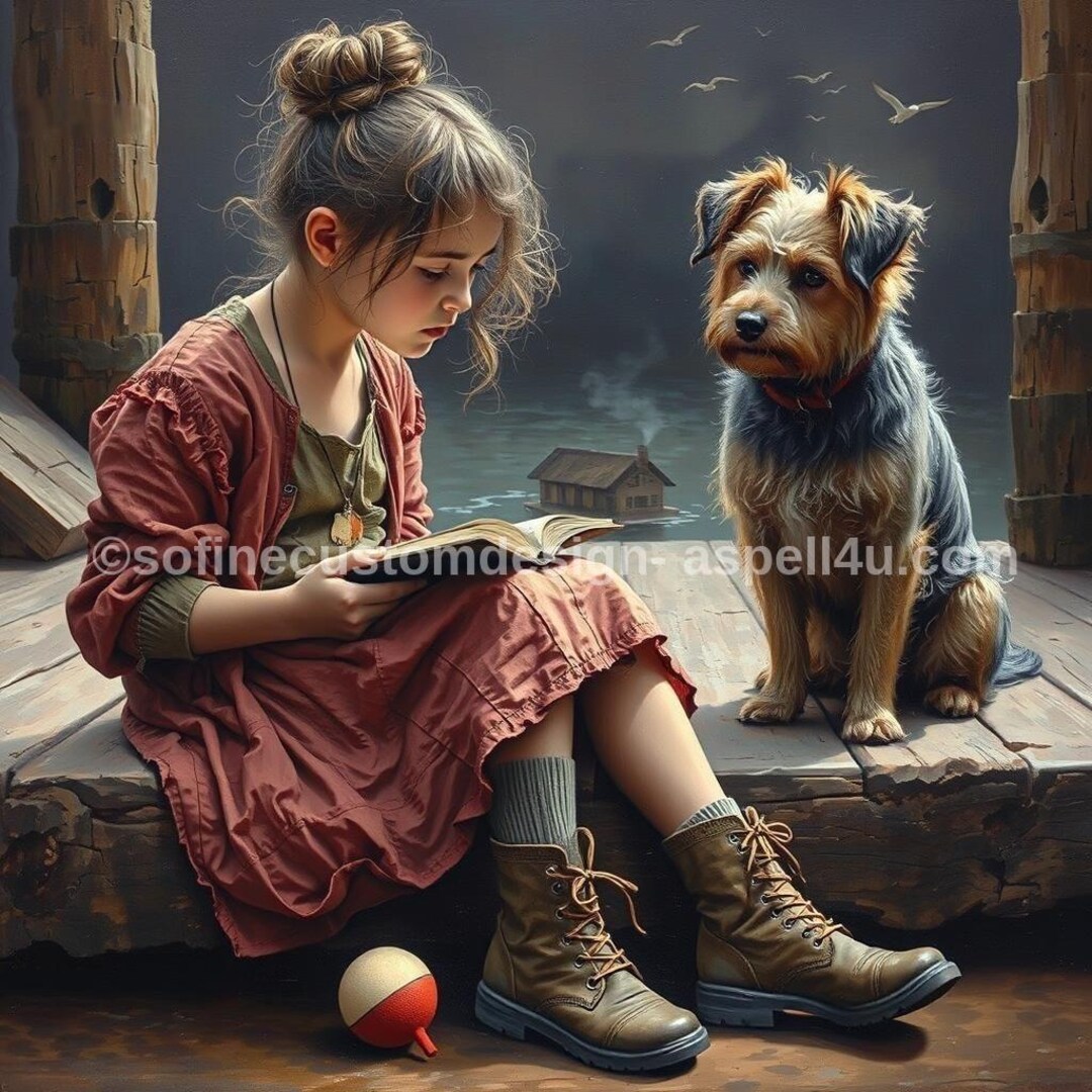 Young Girl Reading to Her Puppy - AI Created One of a Kind Digital ...