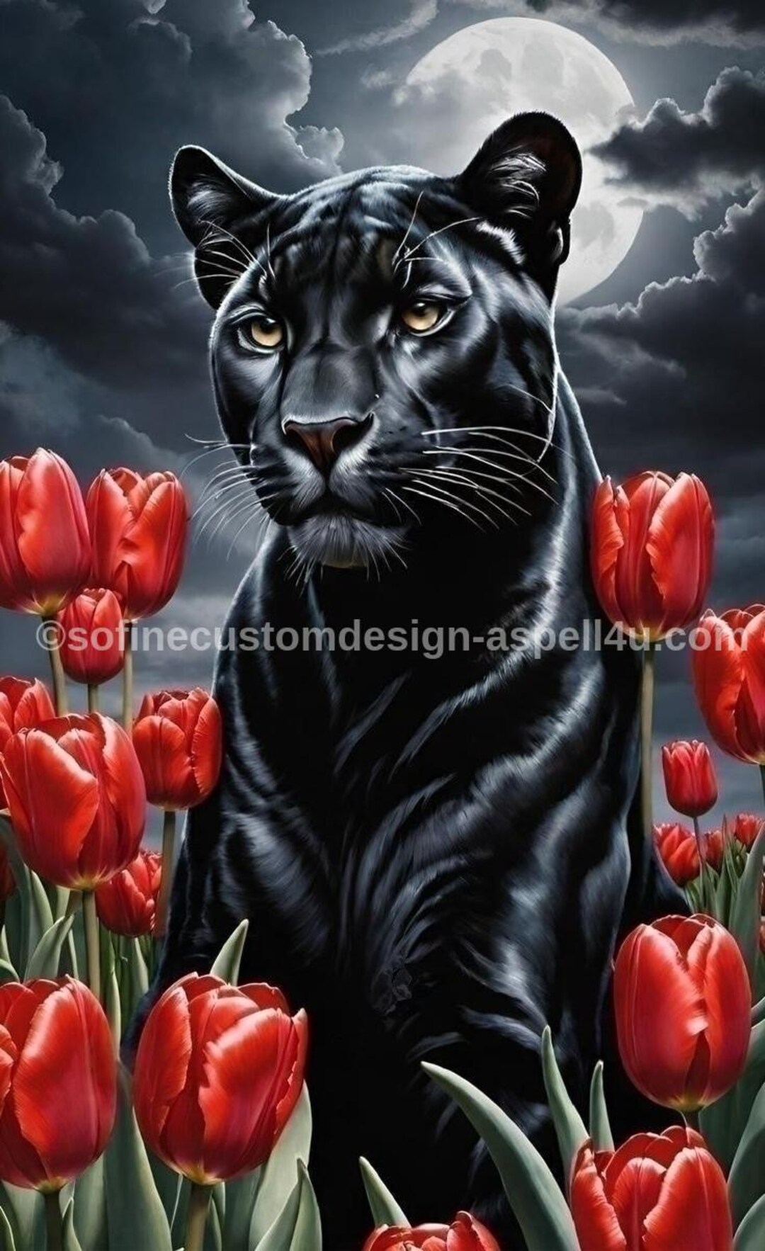 Black Panther Full Moon Red Tulips AI Created One of a Kind Digital ...