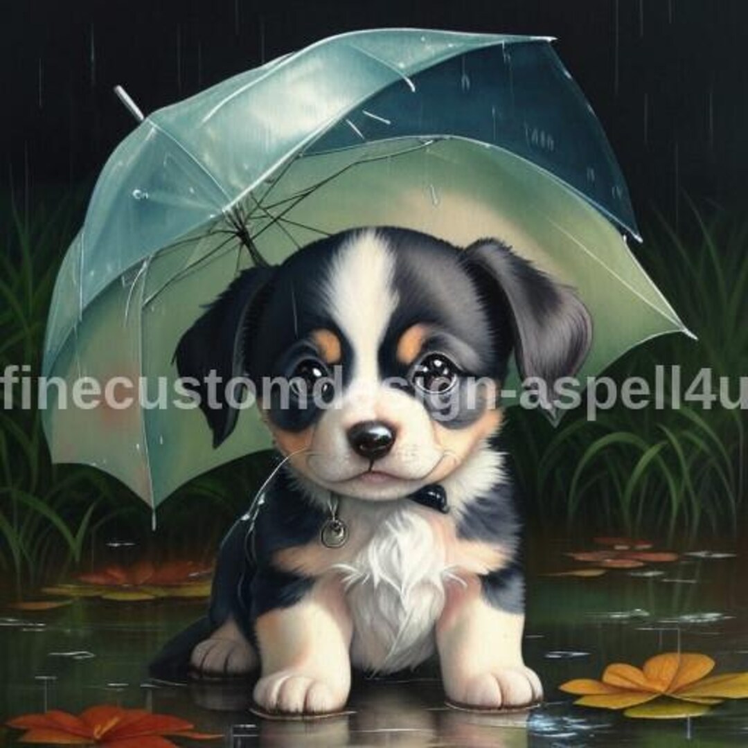Puppy in Rain With Umbrella Art Print, Whimsical Cottagecore (digital ...