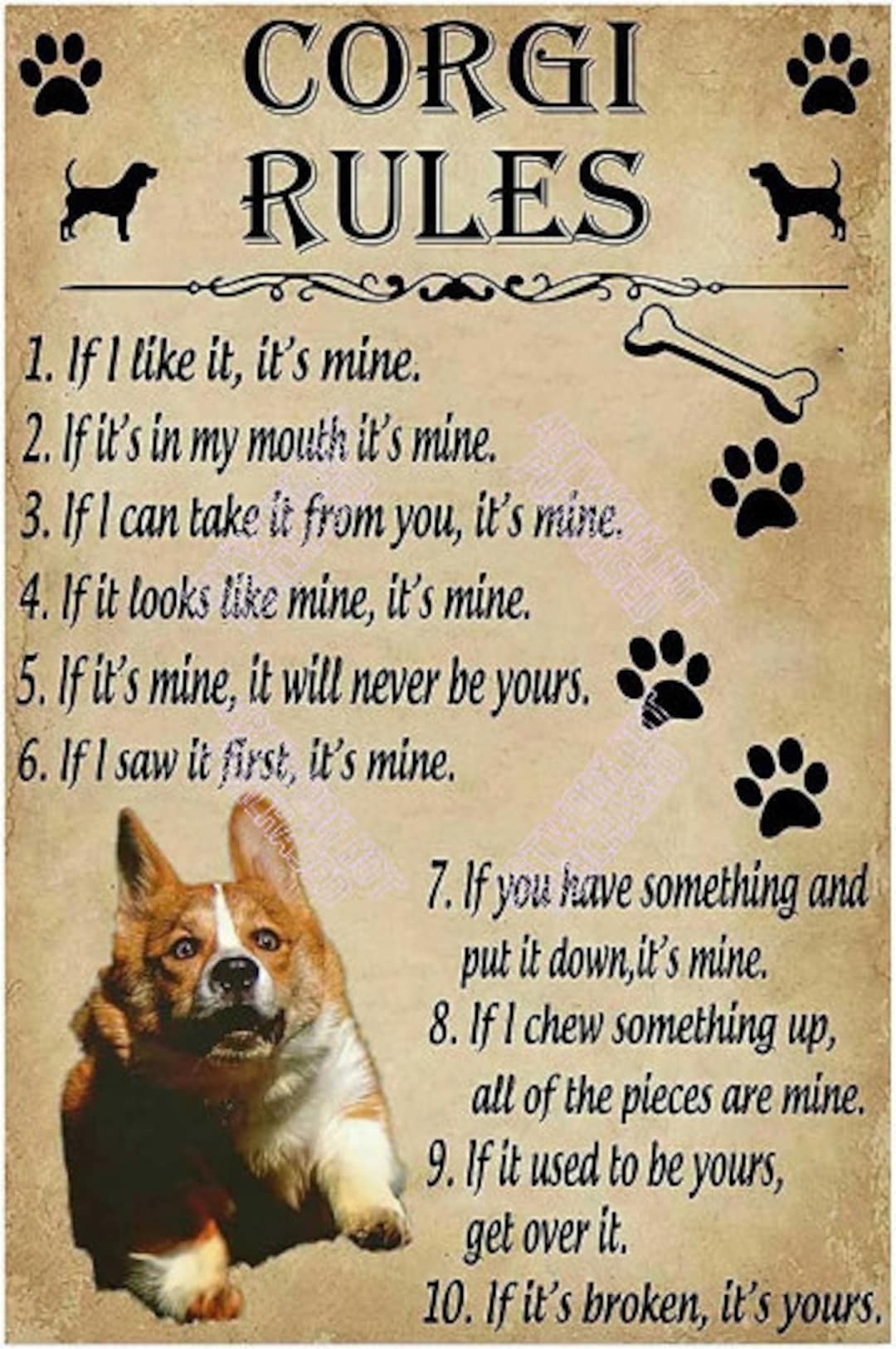 Digital Download DIY Canvas Poster A Corgi's House Rules Funny Dog ...