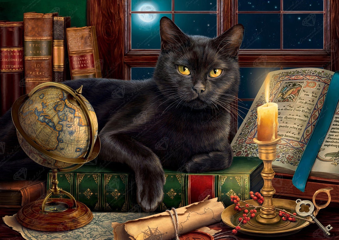 Black Cat Art Print – Full Moon, Spell Books (digital Download) - Etsy
