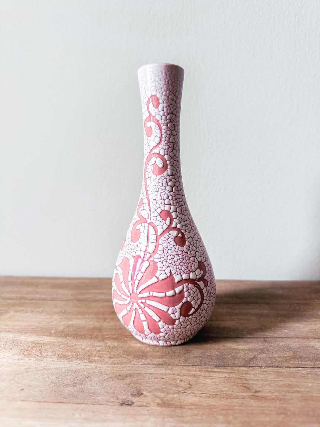 Vintage German Marzi & Remy Pottery Bud Vase, Crackle Glaze Ceramic Vase With Floral Motif ...