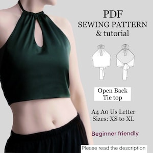 Open Back Tie Top Easy PDF Sewing Pattern | Backless Beginner Friendly Top Pattern | Halter Top ...