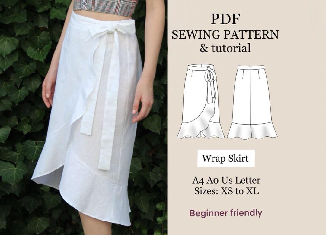 Ruffled Hem Midi Wrap Tie Front Skirt Women PDF Sewing Pattern With Tutorial | Easy Wrap Skirt ...