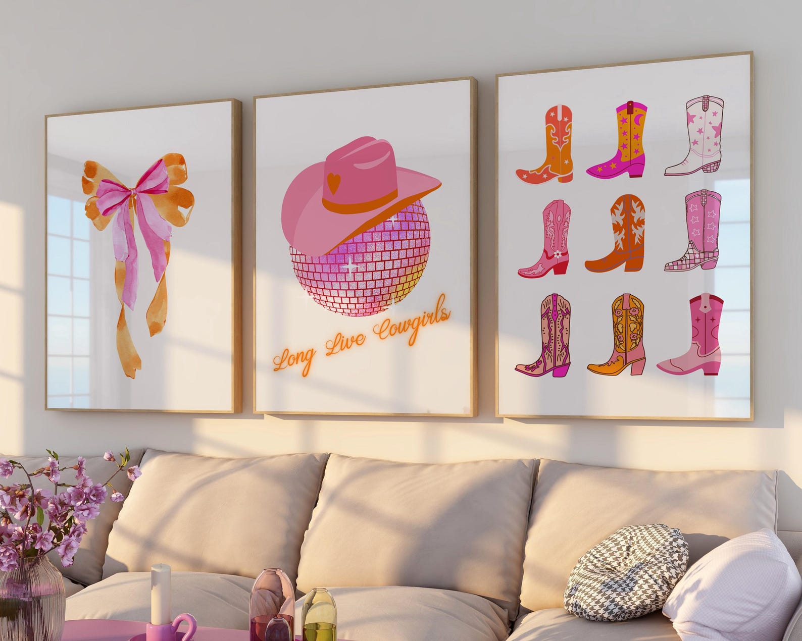 Disco Coquette Cowgirl Print Set, Pink Cowgirl Boots Hat Print, Cute ...