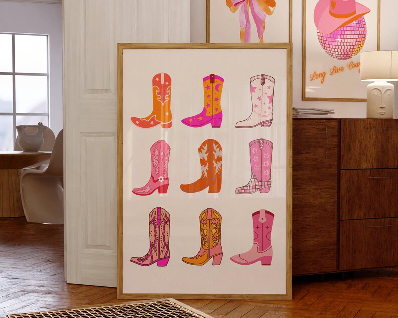 Disco Coquette Cowgirl Print Set, Pink Cowgirl Boots Hat Print, Cute ...